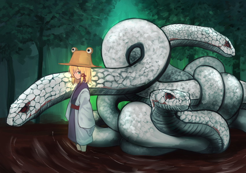 Safebooru - 1girl animal blonde hair blue eyes closed mouth forest hat highres in water long ...