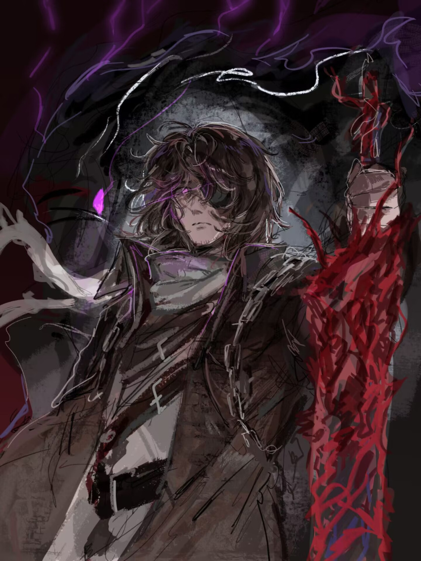 Safebooru - 1boy beard stubble belt black background brown coat brown hair chain chest strap ...