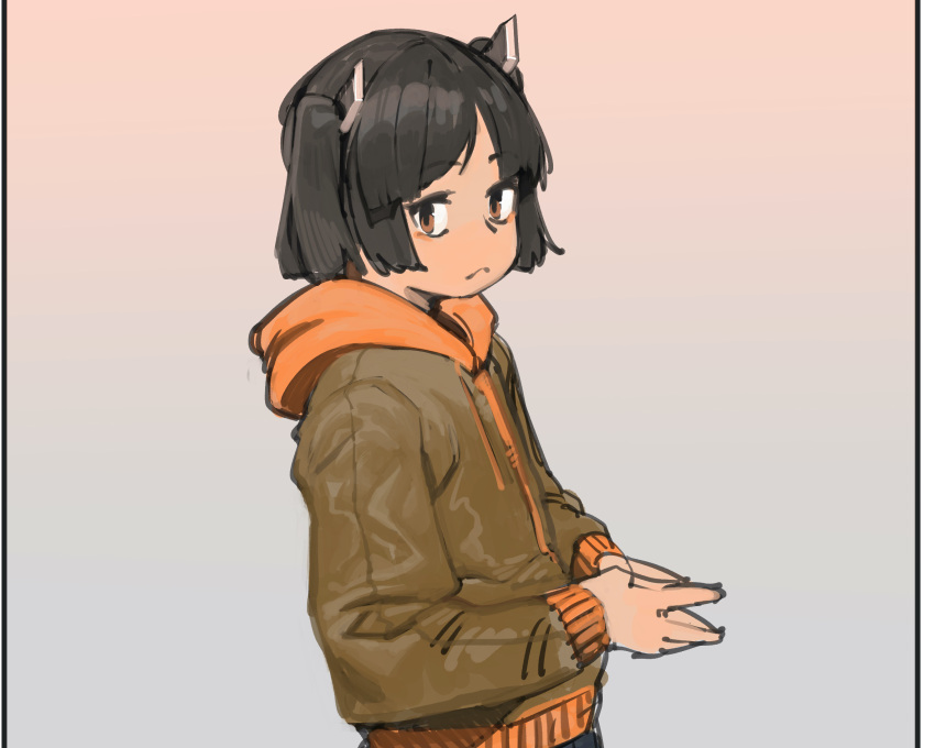 Safebooru - 1girl alternate costume bags under eyes black hair brown background brown eyes brown ...
