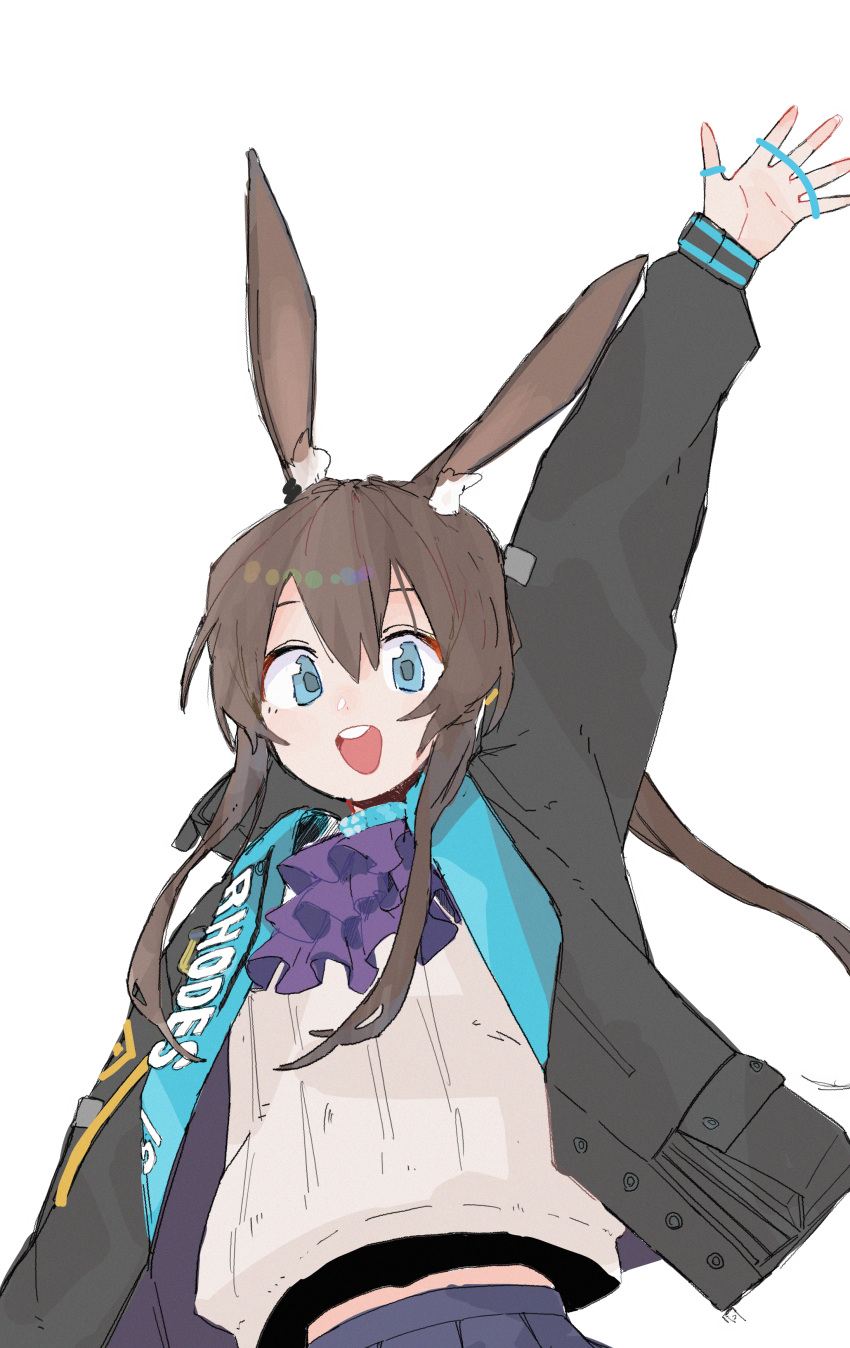 Safebooru - 1girl :d absurdres amiya (arknights) animal ears arknights arm up ascot black jacket ...
