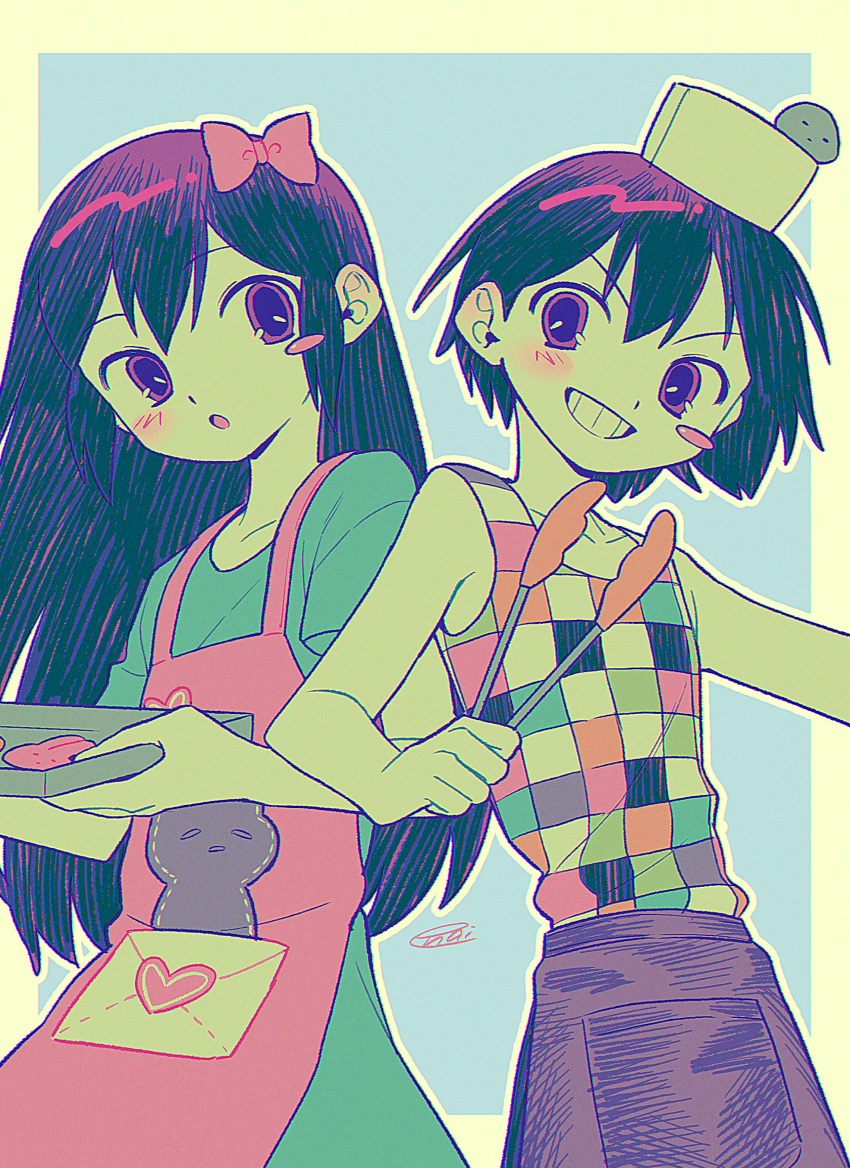 Safebooru - 1boy 1girl absurdres apron aubrey (headspace) (omori) aubrey (omori) blue shirt ...