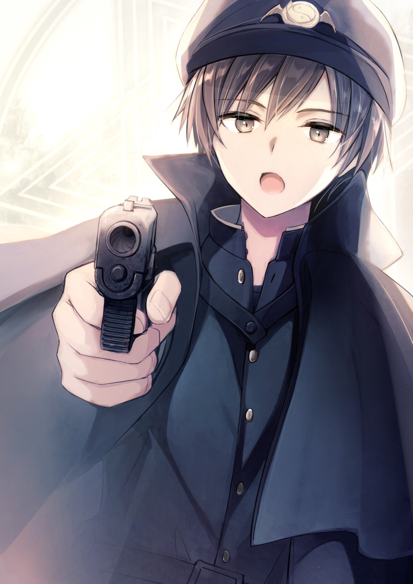 Safebooru - 1boy aiming aiming at viewer black capelet black cloak black hat black jacket brown ...