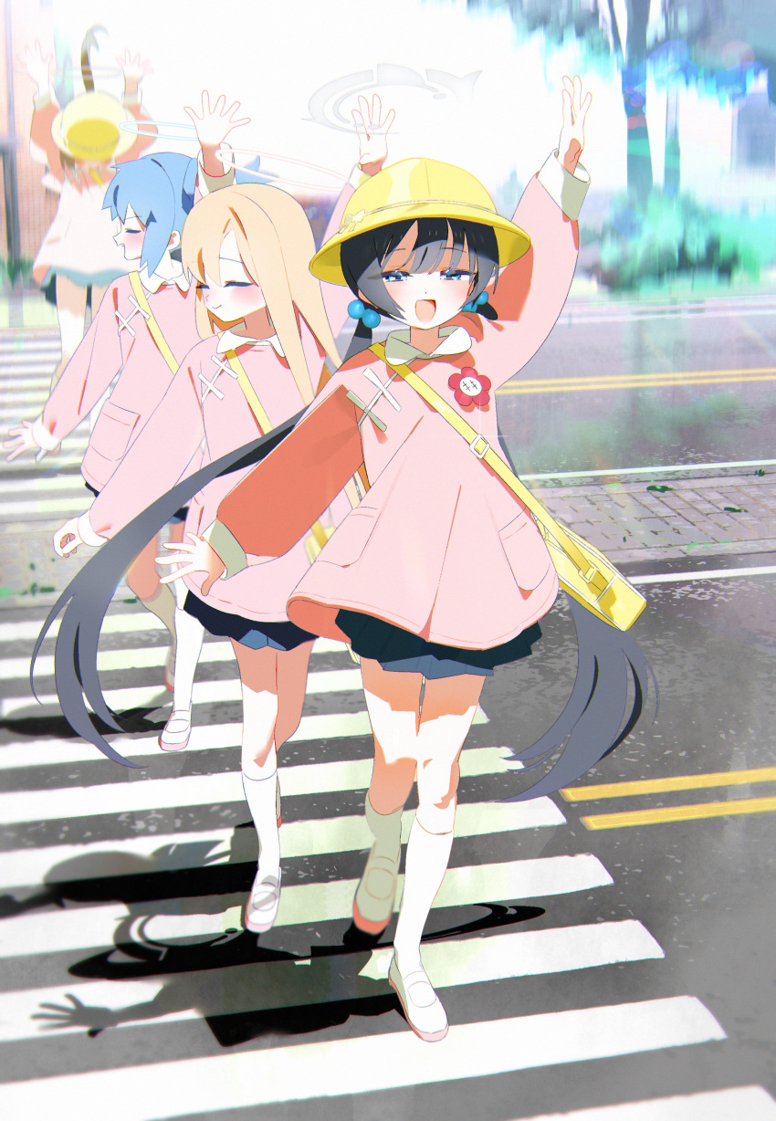 Safebooru - 4girls :d absurdres arm up bag black hair blonde hair blue archive blue eyes blue ...