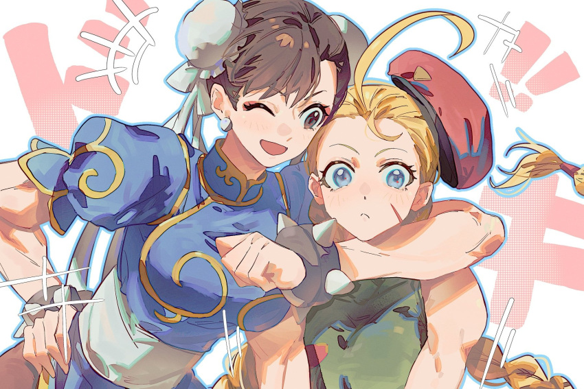 Safebooru - 2girls ahoge beret blonde hair blue dress blue eyes bracelet brown eyes brown hair ...