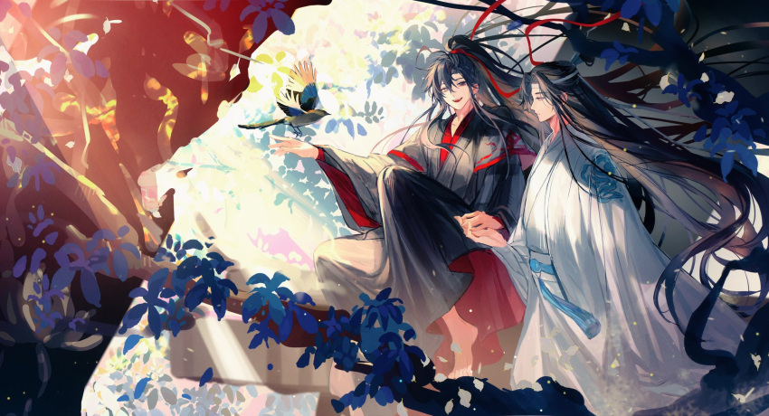 Safebooru - 2boys ahoge barefoot bird bird on hand black hair black ...