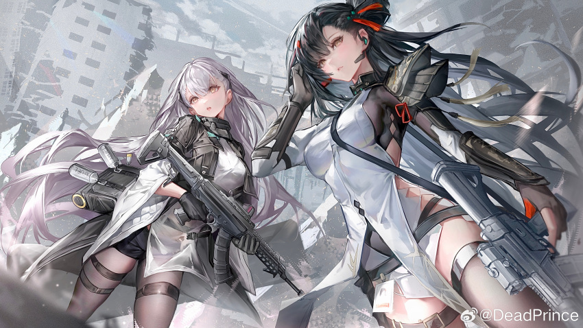 Safebooru - 2girls absurdres ak-alfa (girls' frontline) assault rifle black gloves black hair ...