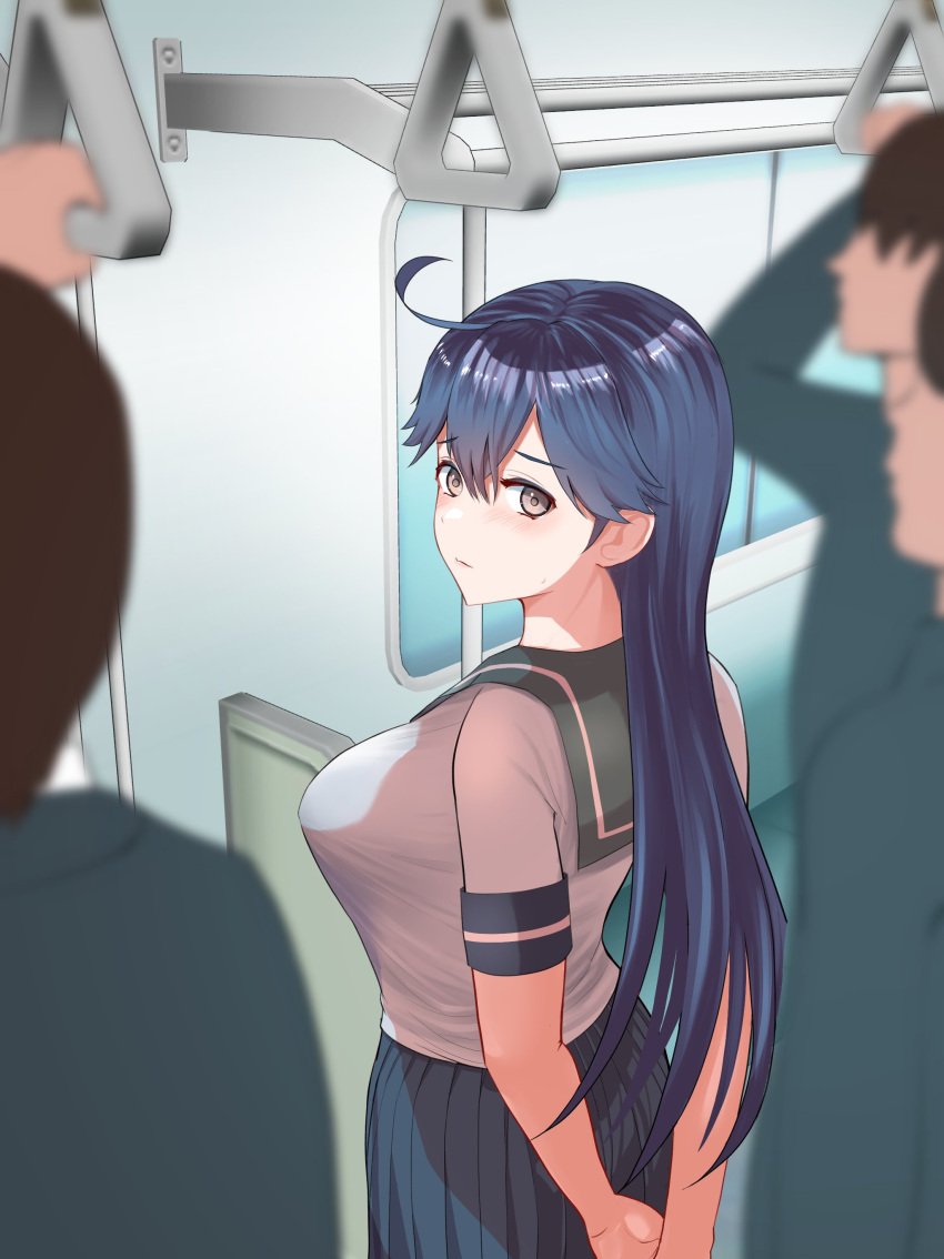 Safebooru - 1girl 3boys absurdres ahoge arms behind back black hair blue skirt blurry breasts ...
