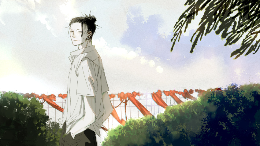 Safebooru - 1boy black hair black pants blue sky bush chinese ...