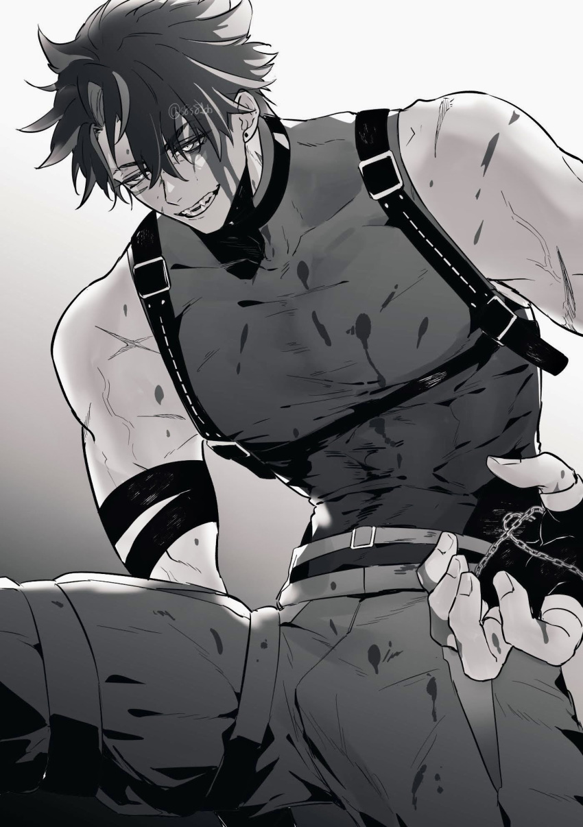 Safebooru - 1boy artist name bandaged arm bandages belt blood blood on clothes chain chest ...