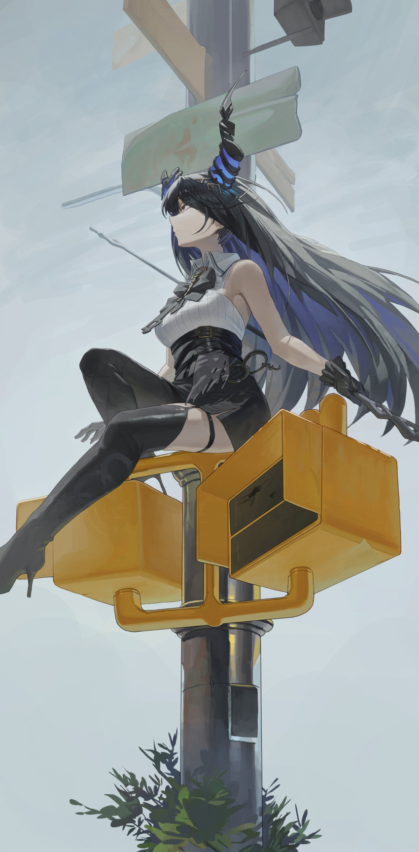 Safebooru - 1girl absurdres asymmetrical horns asymmetrical legwear bare shoulders black ...