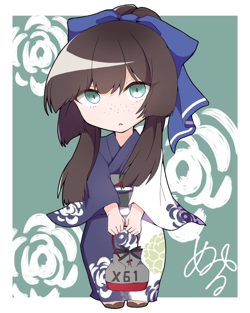 Safebooru - 1girl bag black hair blue kimono chibi commentary request ...