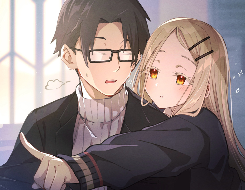 Safebooru - 1boy 1girl absurdres black hair blonde hair blush gakuen idolmaster glasses hair ...