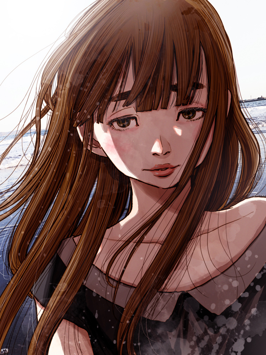 Safebooru - 1girl absurdres asano inio backlighting blunt bangs brown eyes brown hair collarbone ...