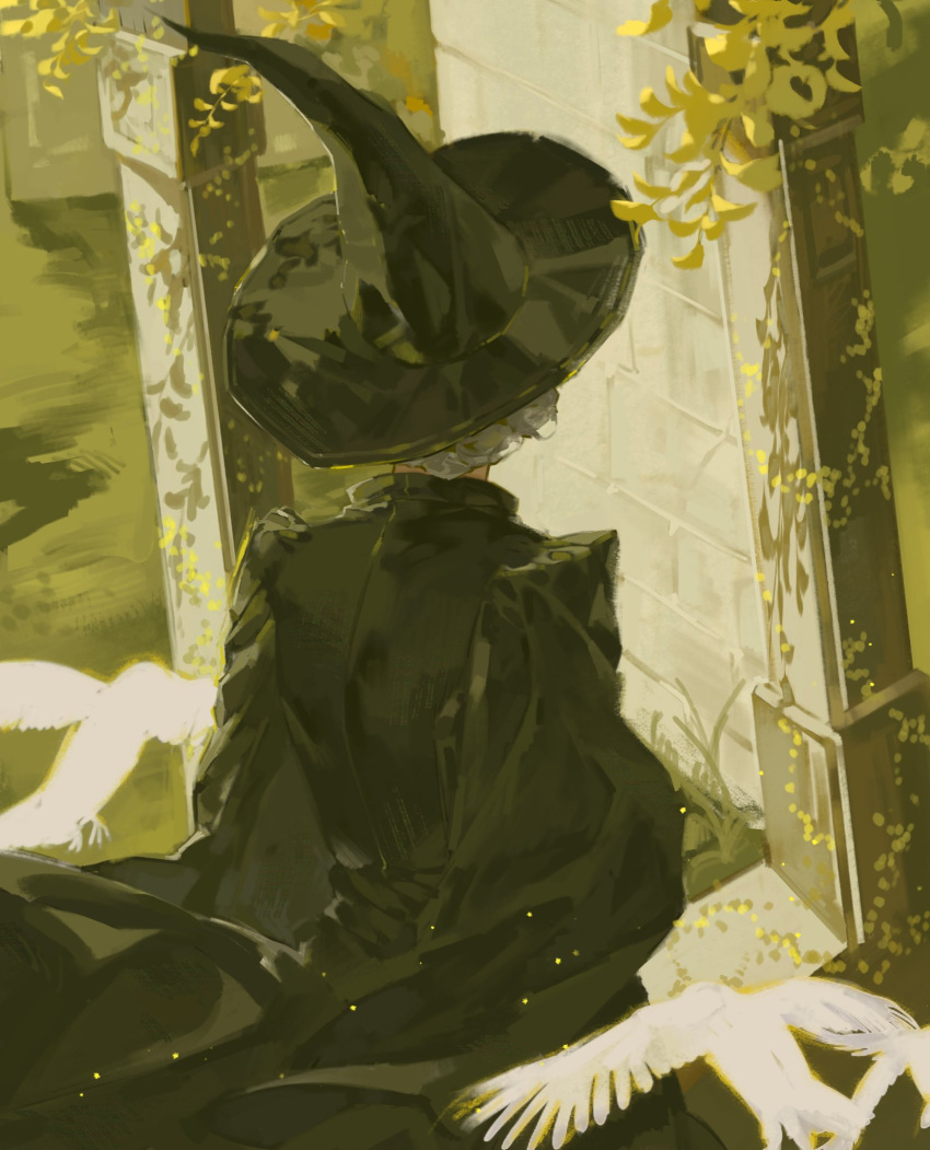 Safebooru - 1girl back bird black dress black hat dress flowercz grey ...