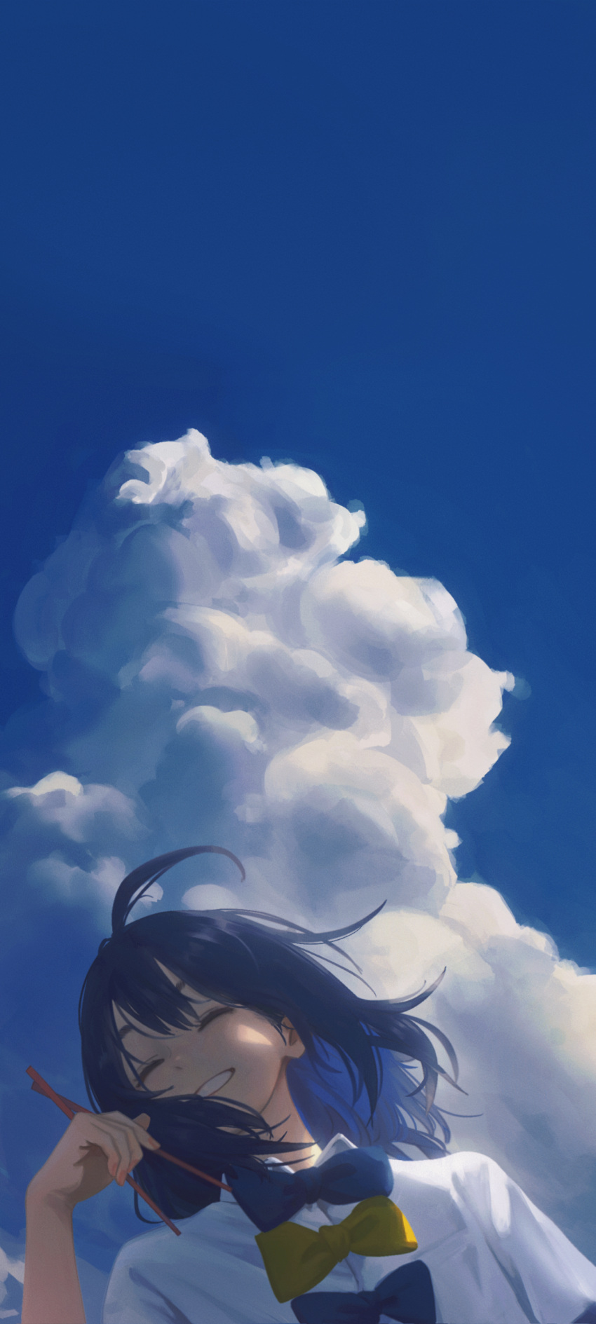 Safebooru - 1girl absurdres blue bow blue bowtie blue hair blue sky bow bowtie chopsticks ...