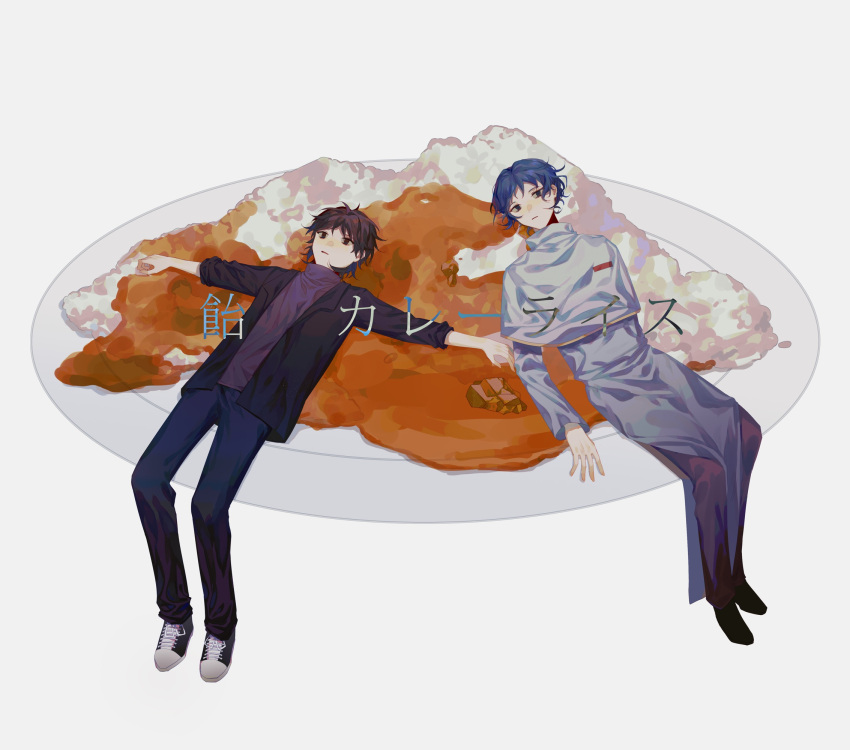 Safebooru - 2boys black eyes black footwear black jacket blue eyes blue hair blue pants brown ...