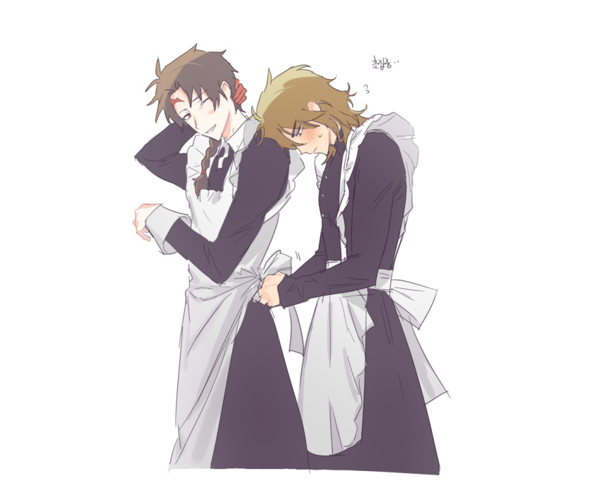 Safebooru - 2boys alternate costume apron back bow black dress blush bow braid closed mouth ...