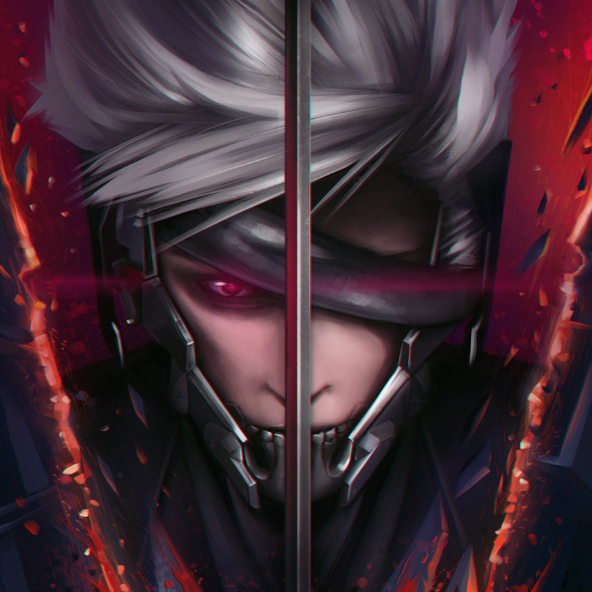 Safebooru - 1boy armor close-up cyborg eyepatch grey hair looking at ...