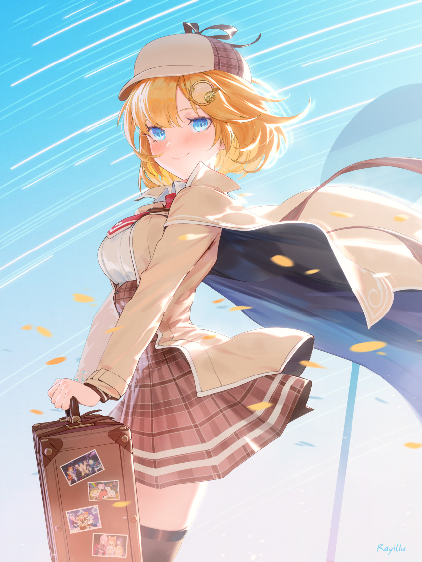 Safebooru - 1girl absurdres blonde hair blue eyes blue sky blush bob cut brown capelet brown ...