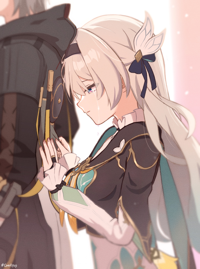 Safebooru - 1boy 1girl black bridal gauntlets black hairband black jacket blue pupils breasts ...