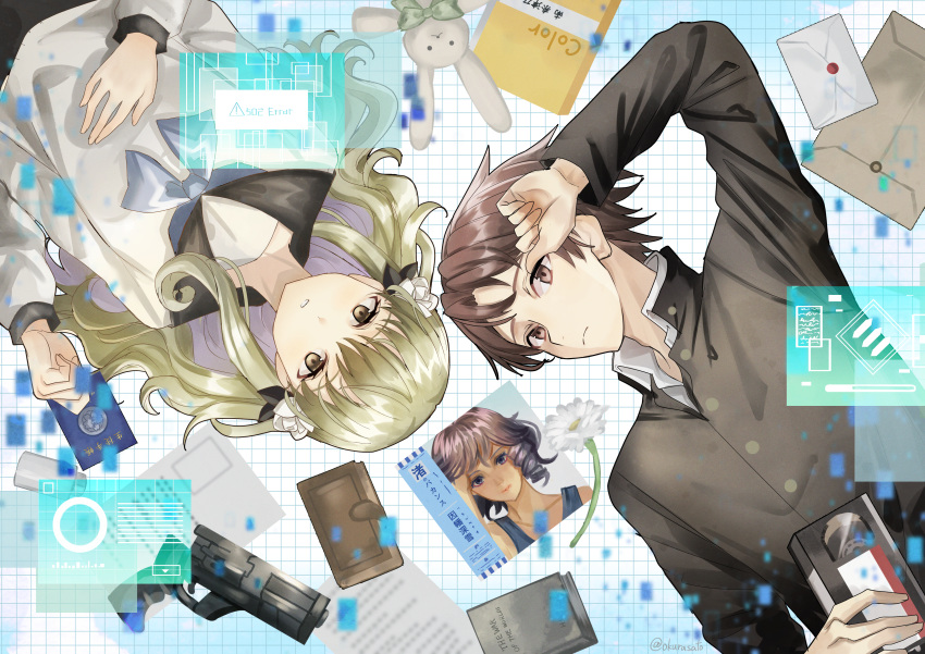 Safebooru - 1boy 1girl absurdres arm up blonde hair book brown eyes ...