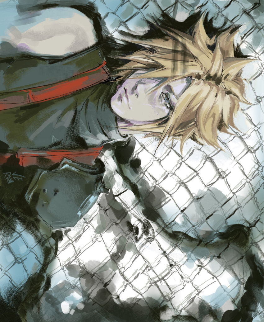 Safebooru - armor blonde hair blue eyes chain-link fence closed mouth ...