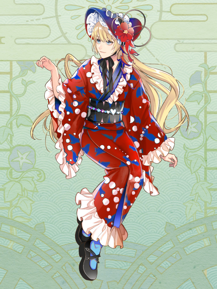 Safebooru - 1girl black footwear blonde hair blue eyes blue socks bonnet dairoku ryouhei flower ...