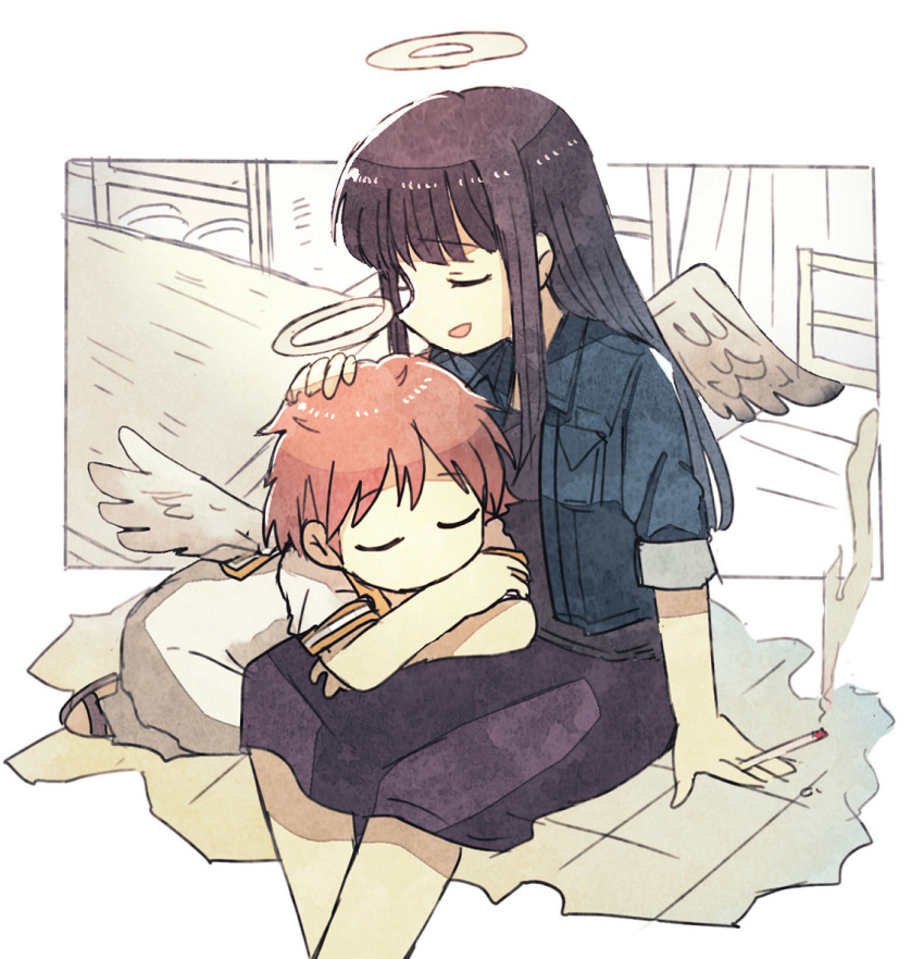 Safebooru - 2girls angel angel wings black hair brown hair cigarette dress feathered wings ...