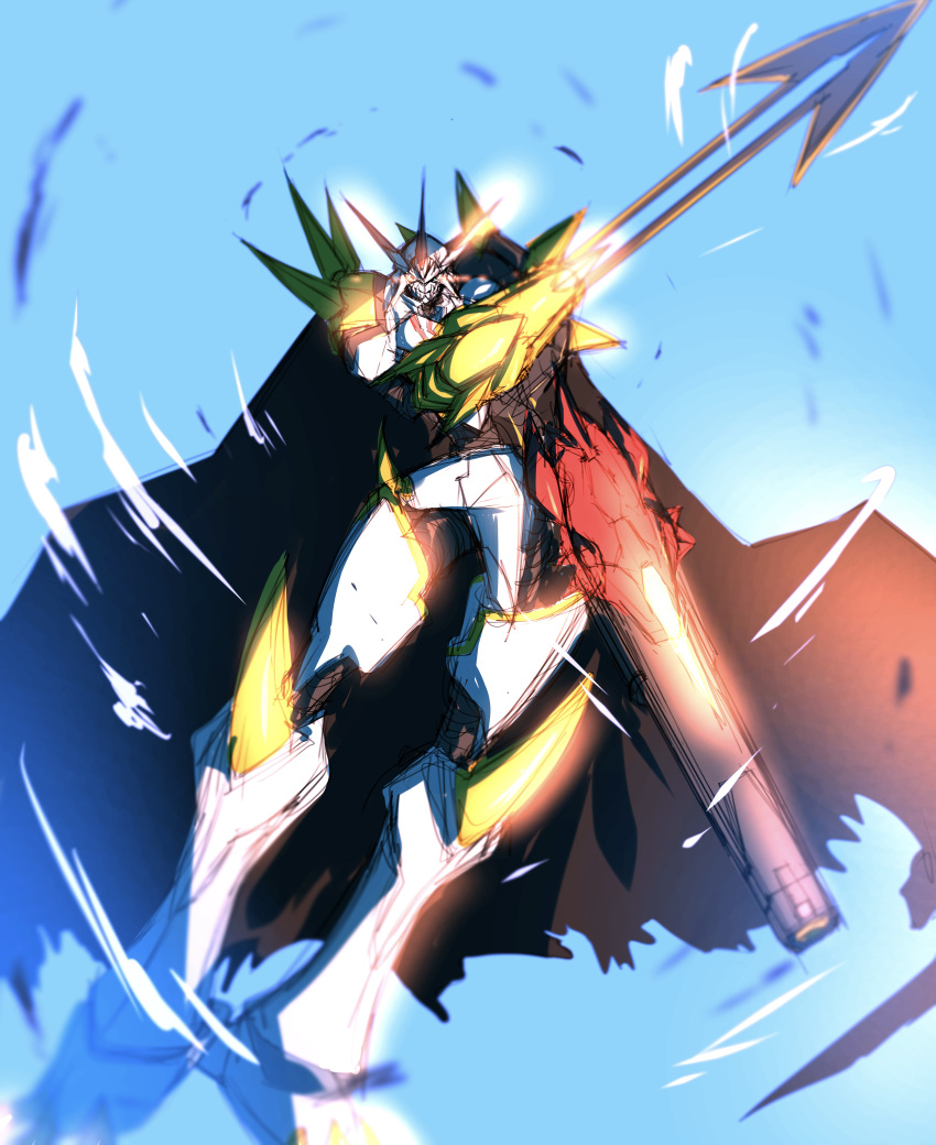 Safebooru - absurdres arm blade arm cannon armor blue background cape ...