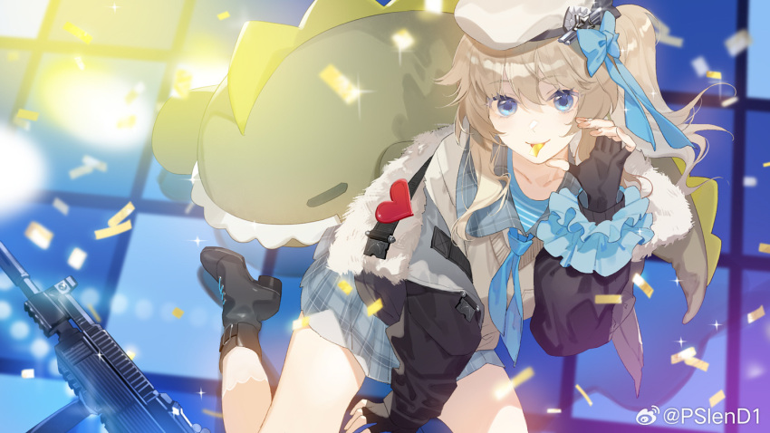 Safebooru - 1girl bag black gloves blonde hair blue eyes girls frontline gloves gun hat high ...