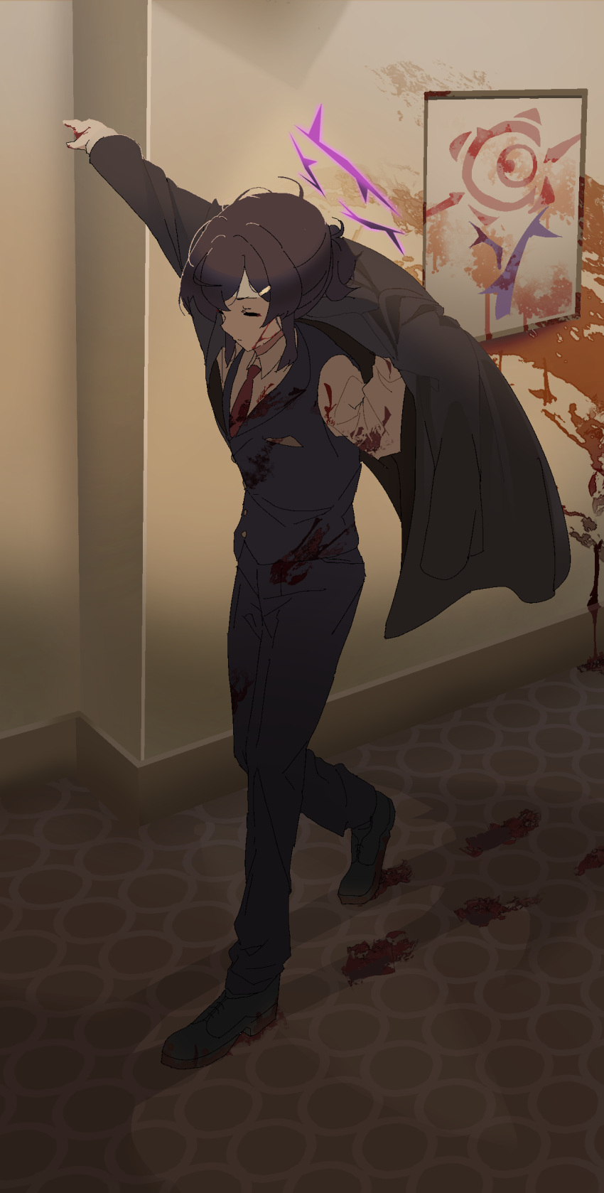 Safebooru - 1girl absurdres black coat black pants black vest blood blood on clothes blood ...