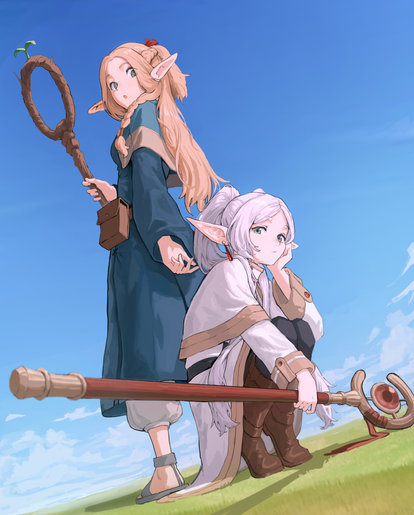 Safebooru - 2girls absurdres ambrosia (dungeon meshi) blonde hair blue capelet blue dress boots ...