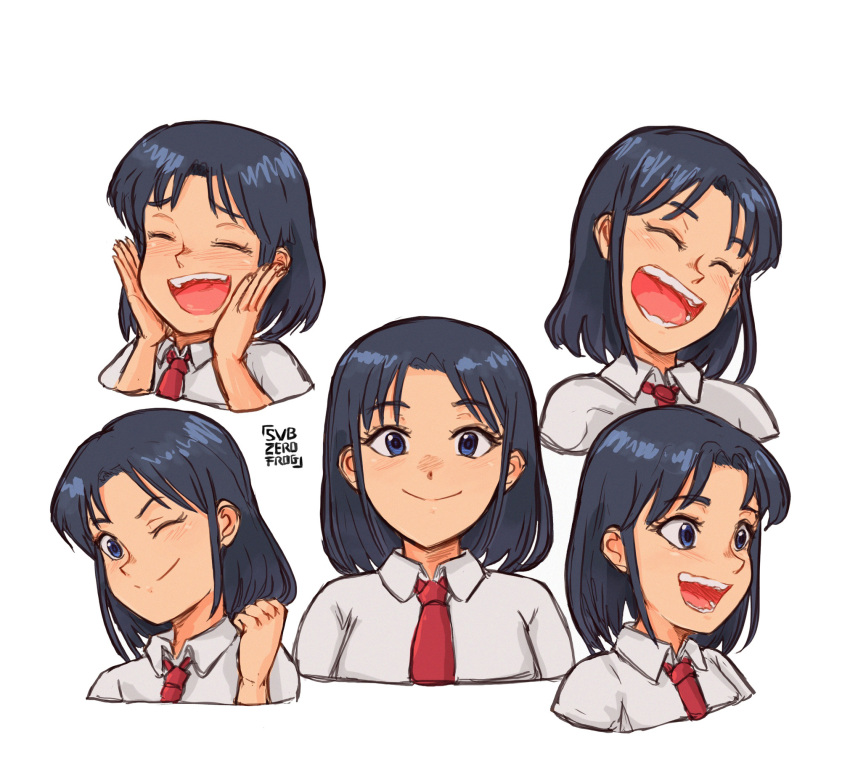 Safebooru - 1girl black hair blue eyes city (arawi keiichi) clenched hand closed mouth collared ...