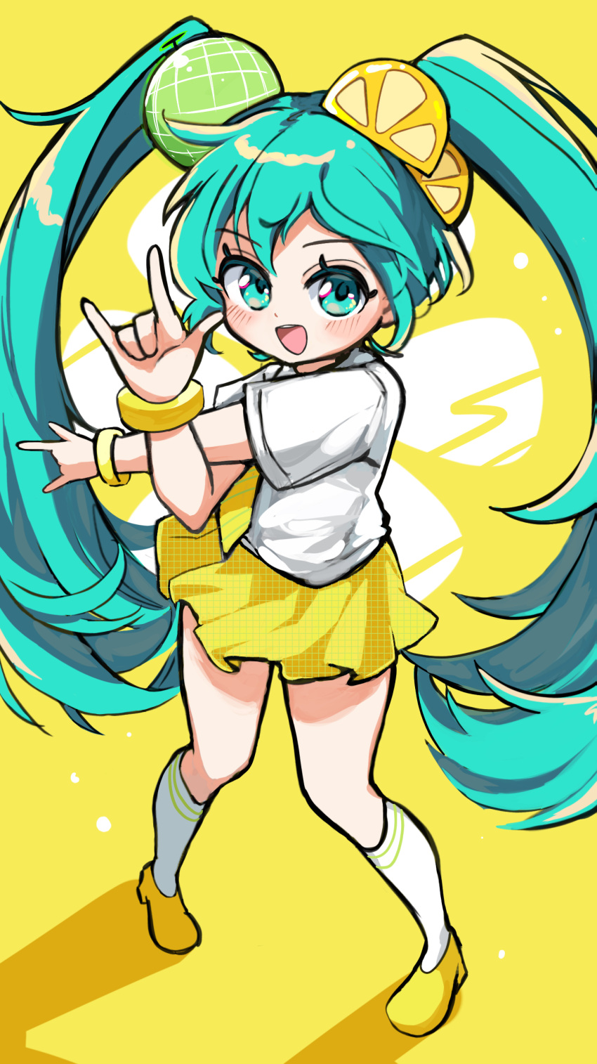 Safebooru - 1girl \m/ absurdres aqua eyes aqua hair blush bracelet ...