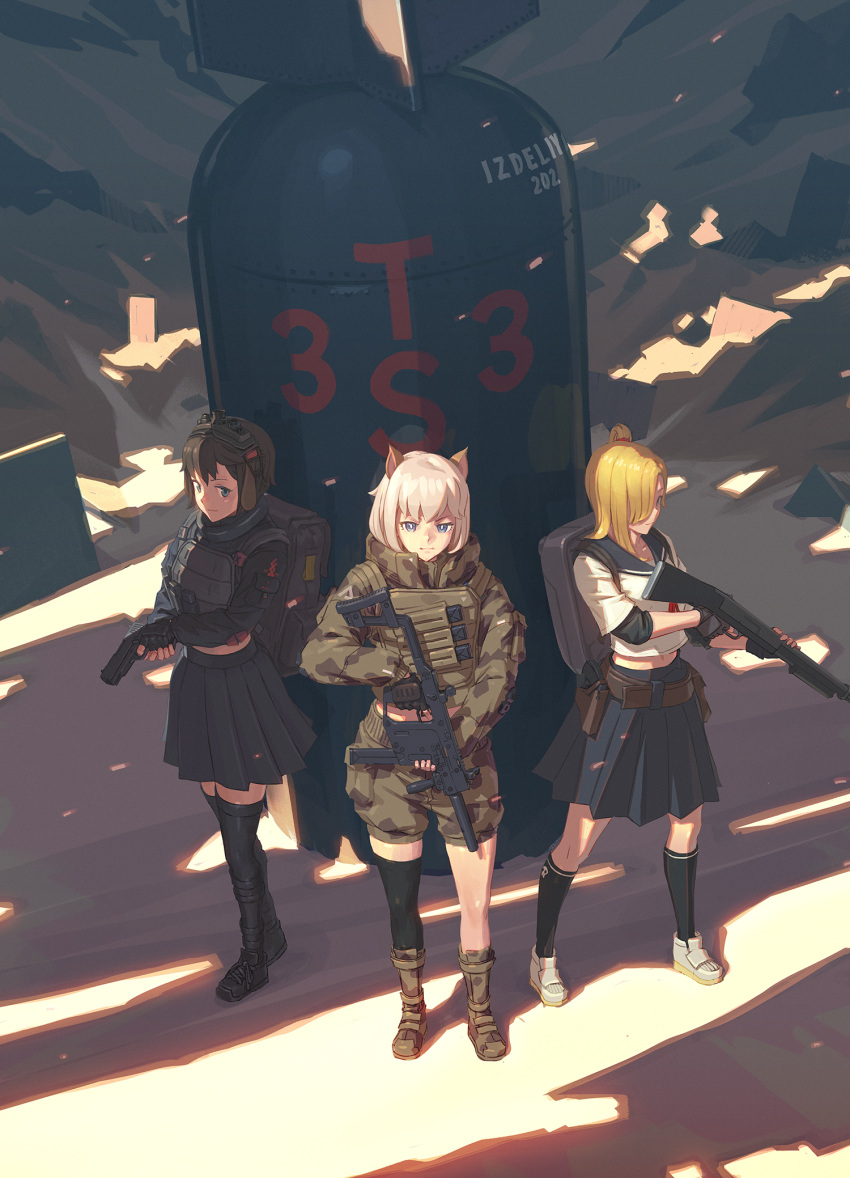 Safebooru - 1girl 3girls backpack bag black socks black thighhighs blonde hair blue eyes bomb ...