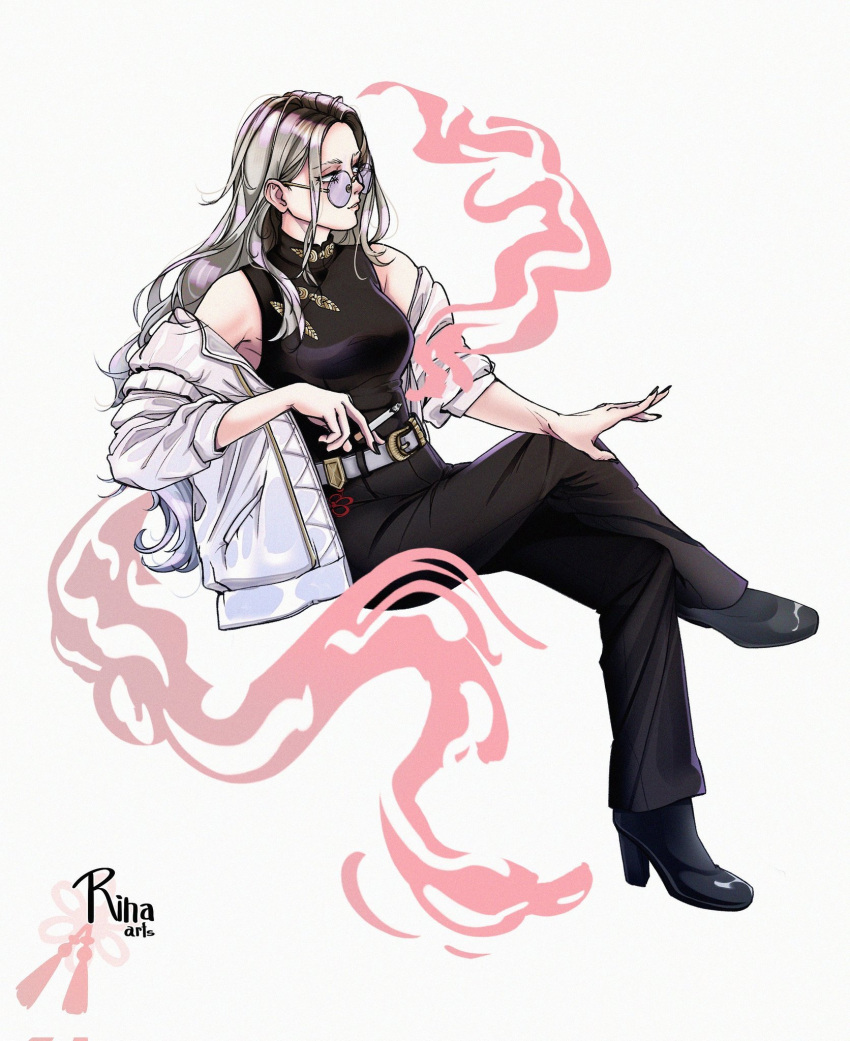 Safebooru - 1girl artist name belt black pants black roots cigarette commentary crossed legs ...