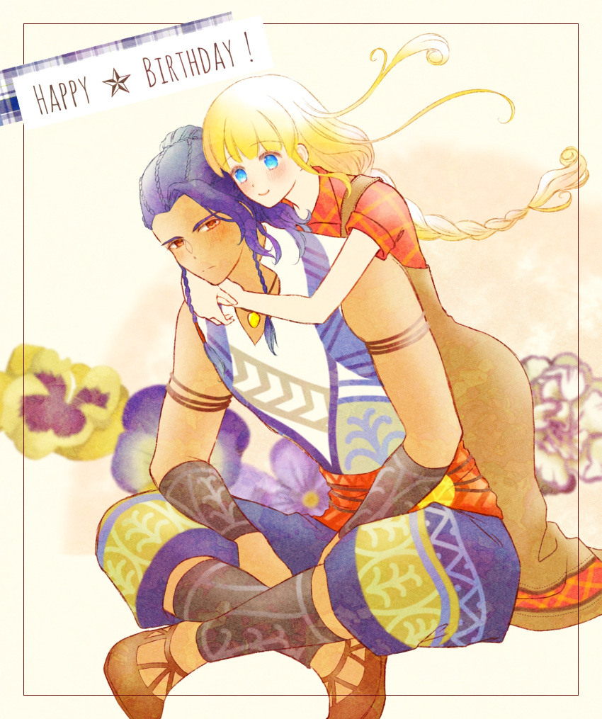 Safebooru - 1boy 1girl arm guards arms around neck azu rin go black armlet blonde hair blue eyes ...