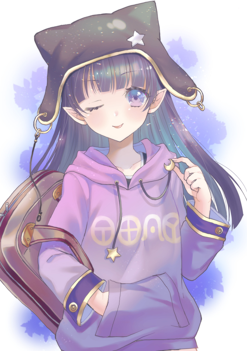 Safebooru - 1girl absurdres animal ear headwear backpack bag black hair flat chest hand in ...