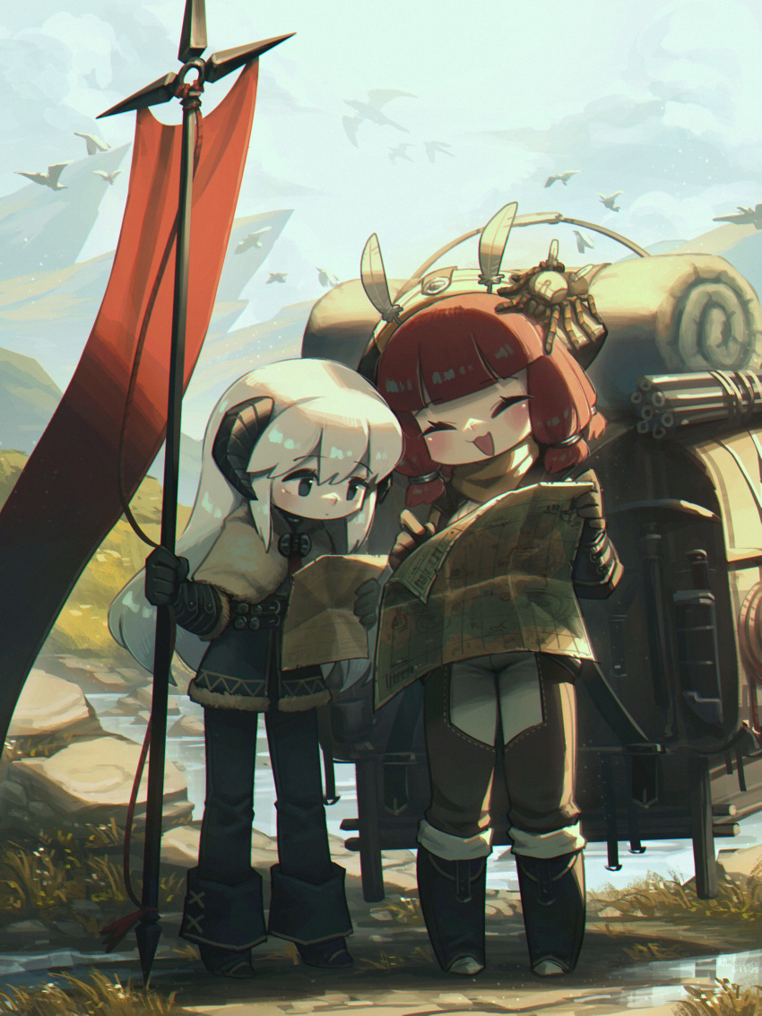 Safebooru - 2girls :3 absurdres animal on head backpack bag banner black gloves black pants ...