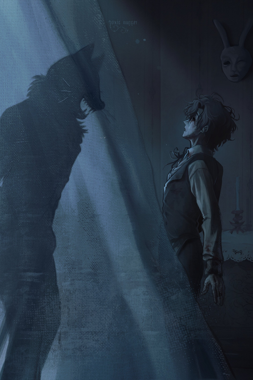 Safebooru - 2boys absurdres artist name black vest cat mask collared ...