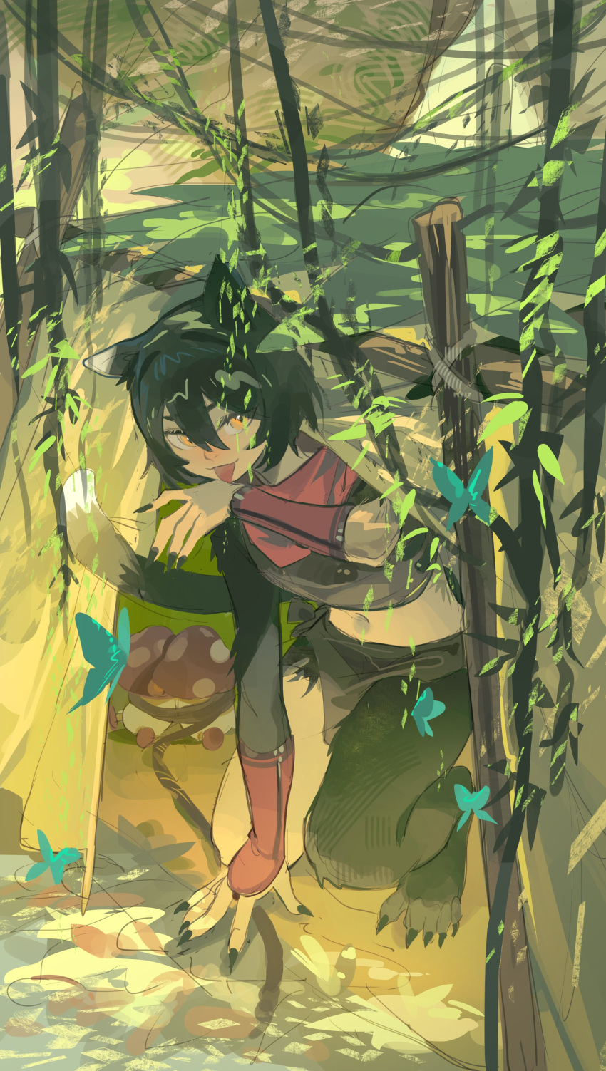 Safebooru - 1girl absurdres animal ears black hair black nails blue butterfly bug butterfly cat ...