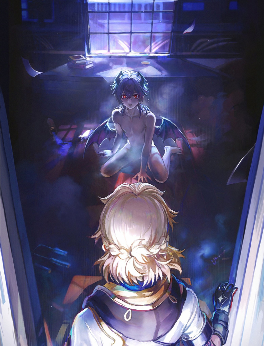 Safebooru - 2boys albedo (genshin impact) backlighting between legs black gloves blonde hair ...