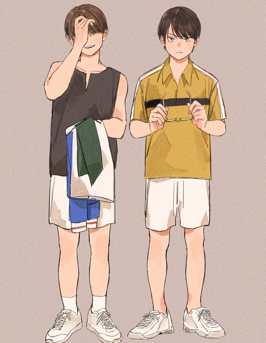 Safebooru - 2boys absurdres adjusting hair ankle socks bags under eyes ...
