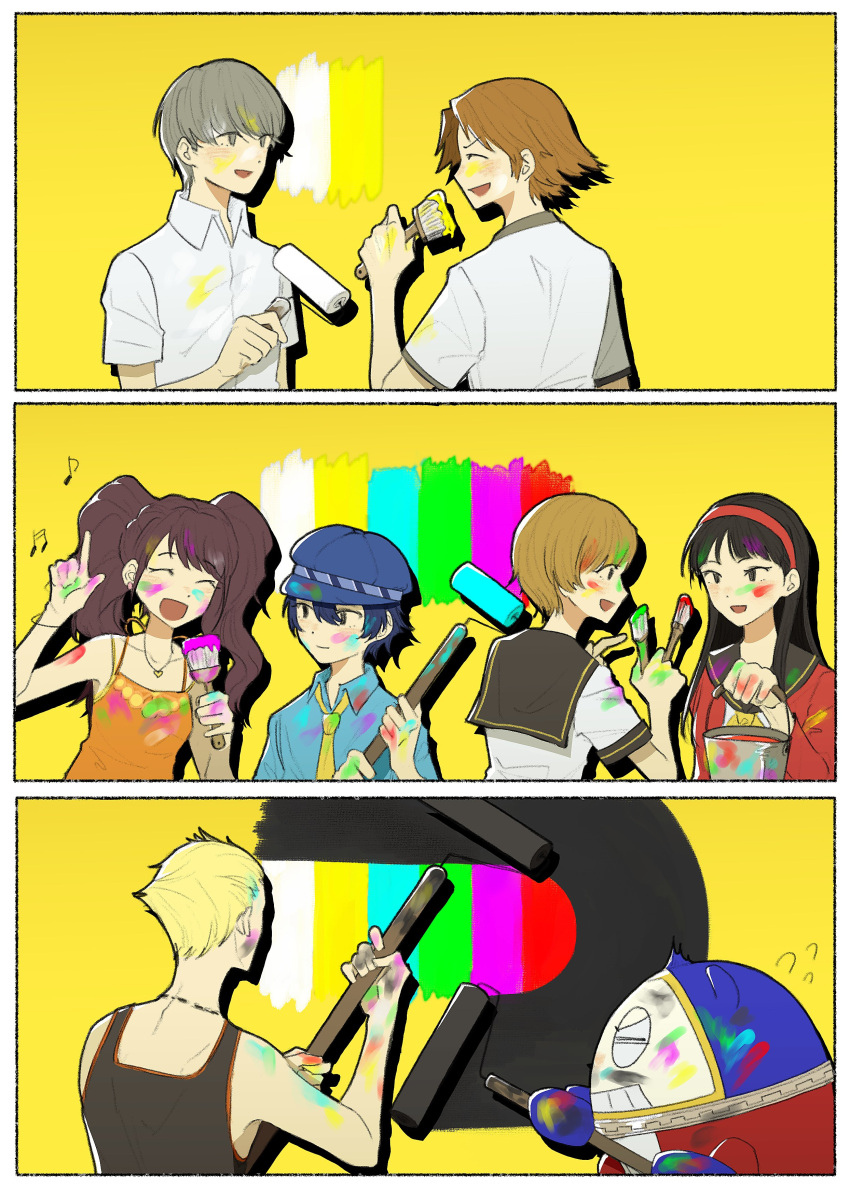 Safebooru - 4boys 4girls absurdres amagi yukiko black hair black shirt blue hair blue hat blue ...