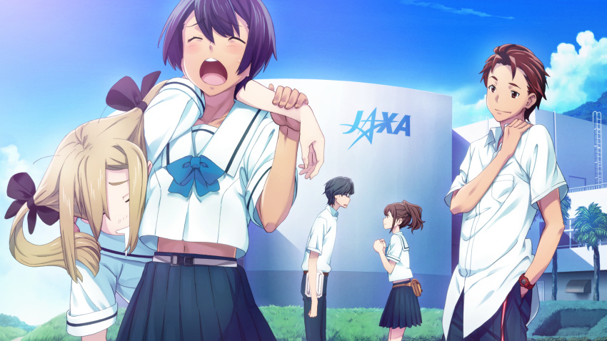 Safebooru - 2boys 3girls arm around neck belt belt buckle black bow black hair blonde hair blue ...