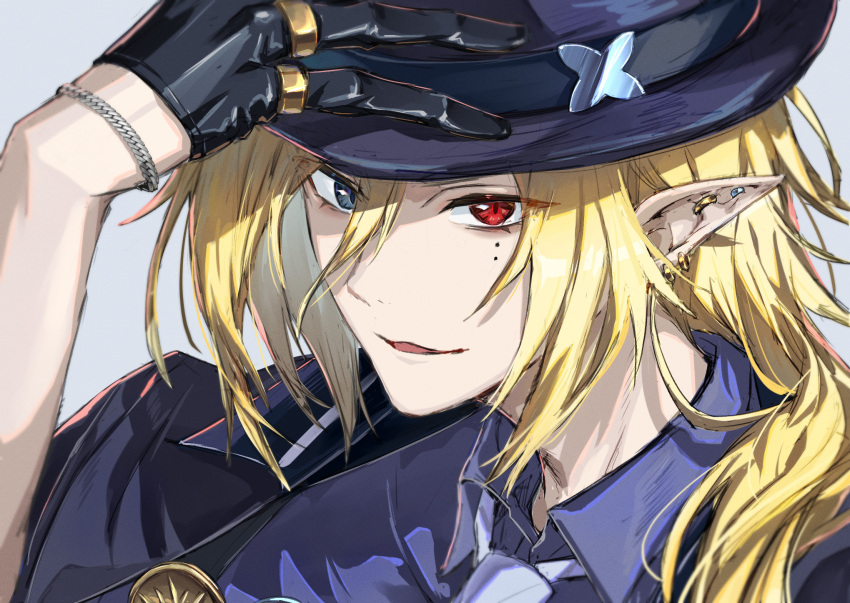 Safebooru - 1boy black gloves black hat blonde hair collared shirt gloves hat heterochromia ...