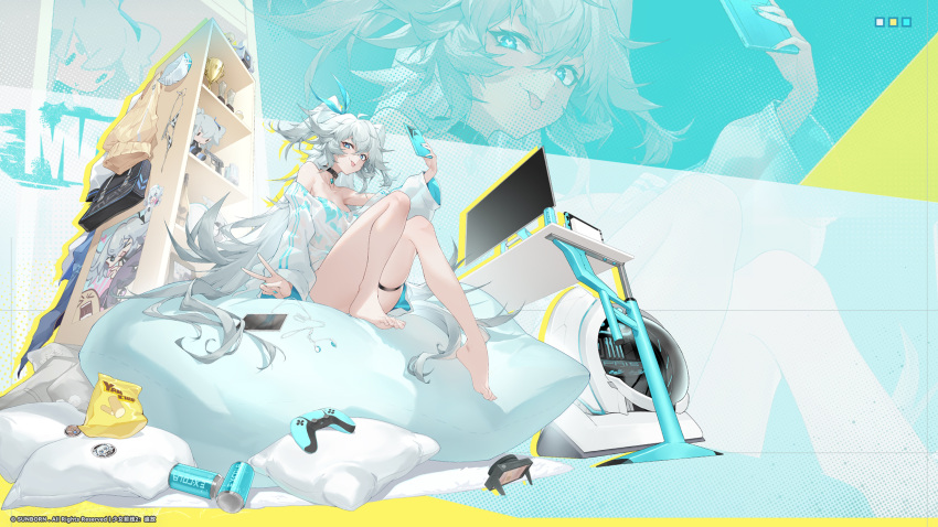 Safebooru - 1girl absurdres bare shoulders barefoot blue eyes blue hair chips (food) choker ...