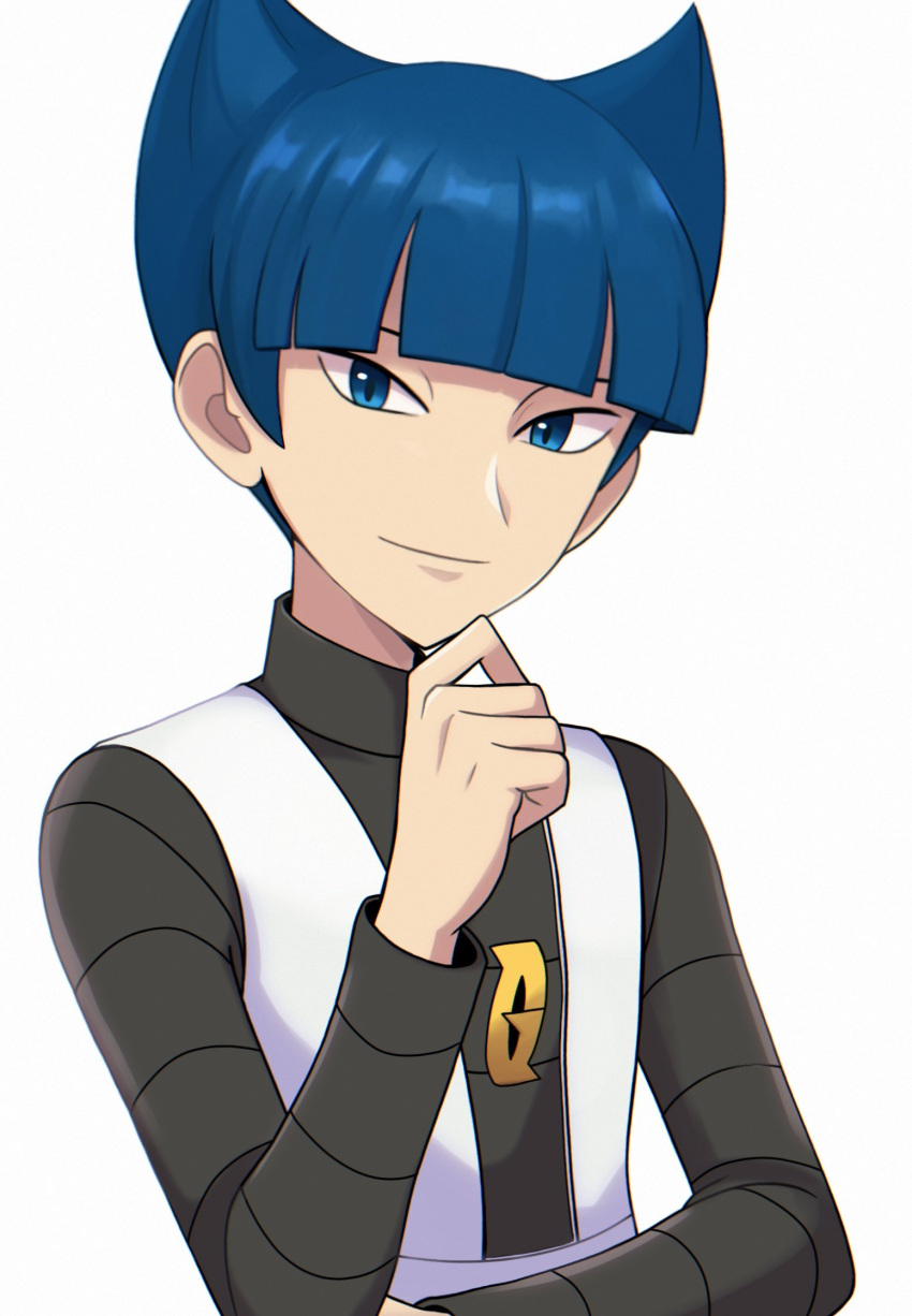 Safebooru - 1boy blue eyes blue hair blunt bangs closed mouth hand up highres logo long sleeves ...