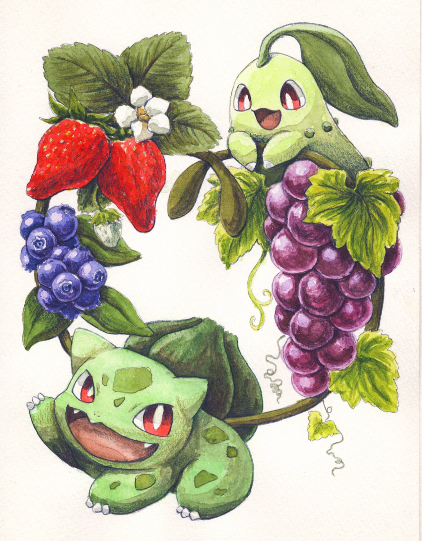 Safebooru - :d blueberry bulbasaur chikorita commentary fangs food ...