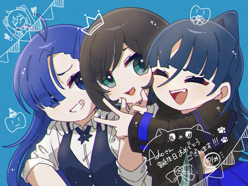 Safebooru - 3girls ^ ^ ado (utaite) black coat black hair black sailor ...